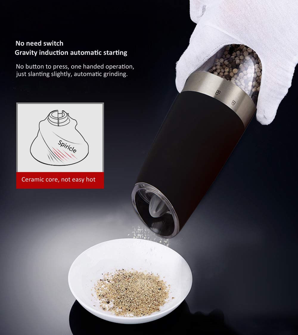 Fshopping Electric Salt and Pepper Grinder Gravity Induction Starting with Adjustable Coarseness Battery Power Supply Blue led Light one-Hand Operation one Set of 2pcs