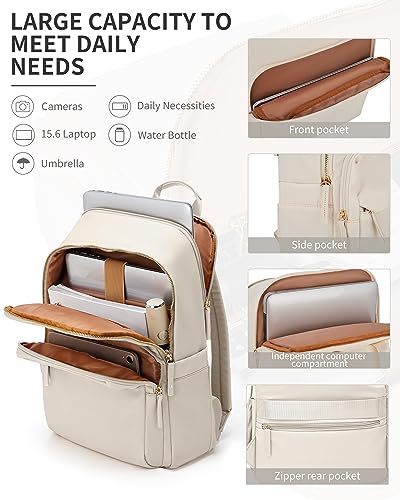 Laptop Backpack Women Teacher Backpack Work Computer Backpack with Laptop Compartment College Waterproof Anti Theft Backpack Casual Daypack Business Travel Backpack for Women Carry On Bag Beige