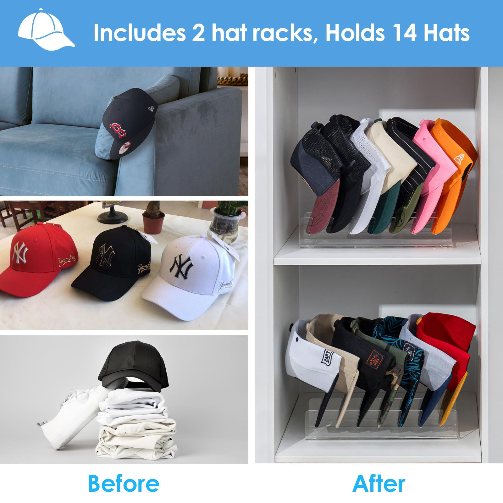 Hapring Hat Stand for Baseball Caps, 2 Pack Holds 14 Baseball Caps, No Installation Acrylic Hat Organizer for Closet, Bedroom, Dresser (Clear)
