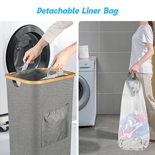GLCONN Tall Laundry Basket with Lid, Inner Bag - 105L Large Laundry Hamper Bathroom Clothes Basket - Collapsible Storage Bin Grey Basket for Clothes, Toys, Dorm, Living Room, Bedroom Organizer