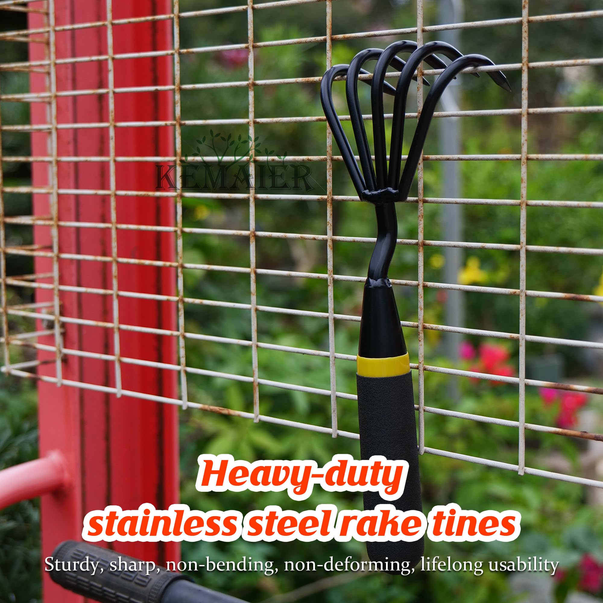 Garden Rake - Kemaier Stainless Steel Hand Cultivator for Heavy-Duty Soil Loosening, Planting, and Weed Removal