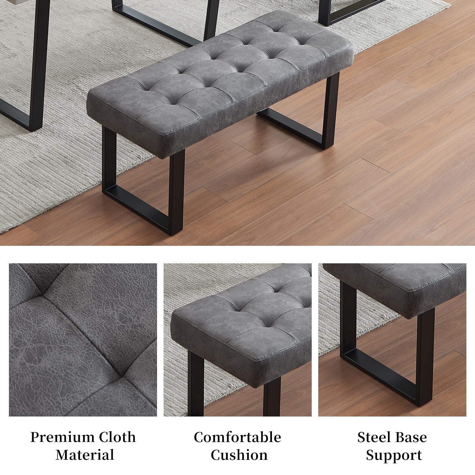 HIPIHOM 3 Piece Dining Table Set with Bench, 42.9 Inch Modern Kitchen Table with Left Seat Corner Bench and 43.3 Inch Bench for Family Dining Room Furniture