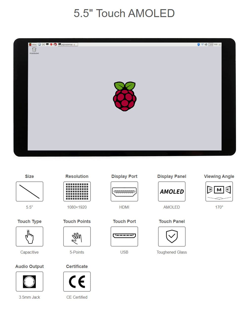 iiunius Waveshare 5.5inch HDMI AMOLED Display for Raspberry Pi 4B+ 4B 3B+ 3B 2B Zero Zero W WH Jetson Nano PC 1080×1920 Capacitive Touch 170° Wide Anlge