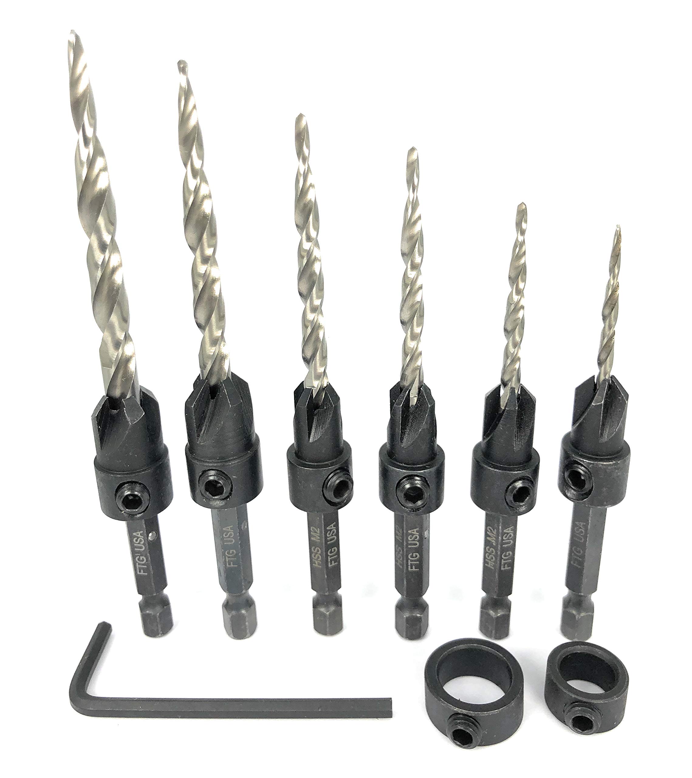 FTG USA Wood Countersink Drill Bit Set 6 Sizes Set with 6 Storage Containers for Countersink HSS M2 Tapered Drill Bits, Quick Change Hex Shank Countersink bit, 2 Stop Collar, 1 Allen Wrench