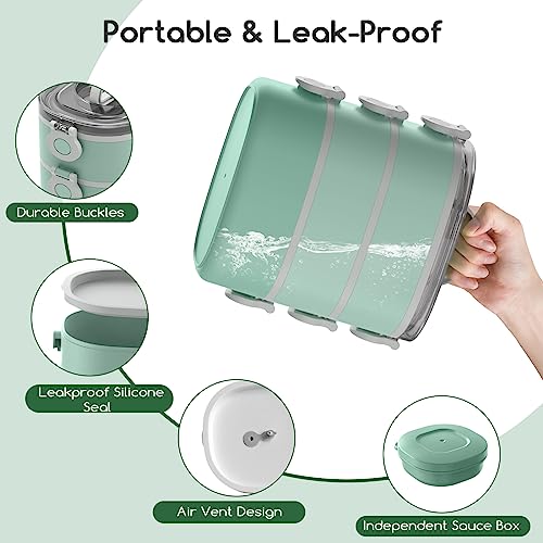 KHOXU Bento Lunch Box, Stackable 3 Layers Bento Box Adult Lunch Box, 94OZ Large Capacity Lunch Containers, Lunch Box Kids with Accessories Kit , Leak-Proof, Food-Safe Materials, Green