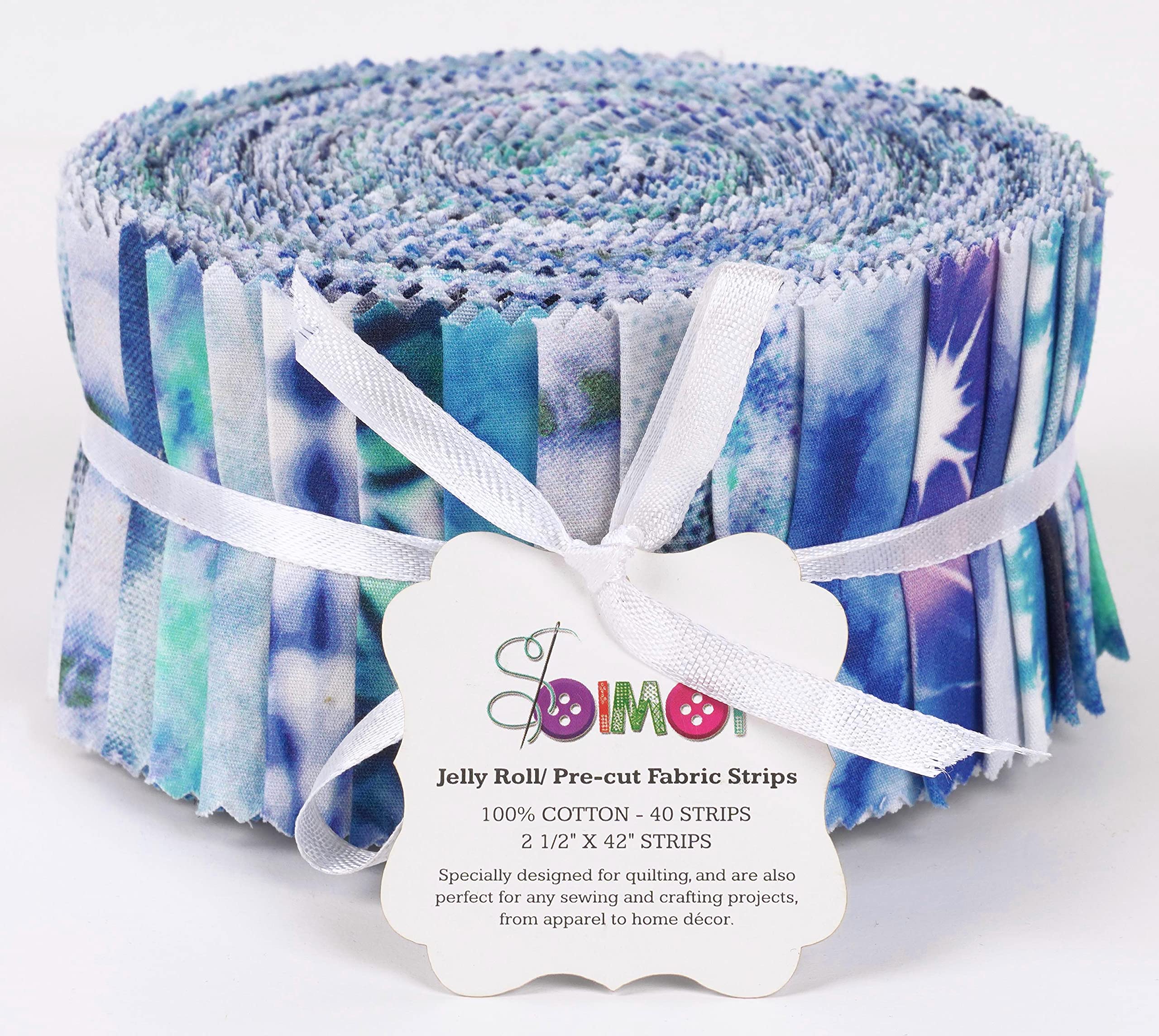 Soimoi 40Pcs Tie Dye Print Cotton Precut Fabrics for Quilting Craft Strips 2.5x42inches Jelly Roll - Blue
