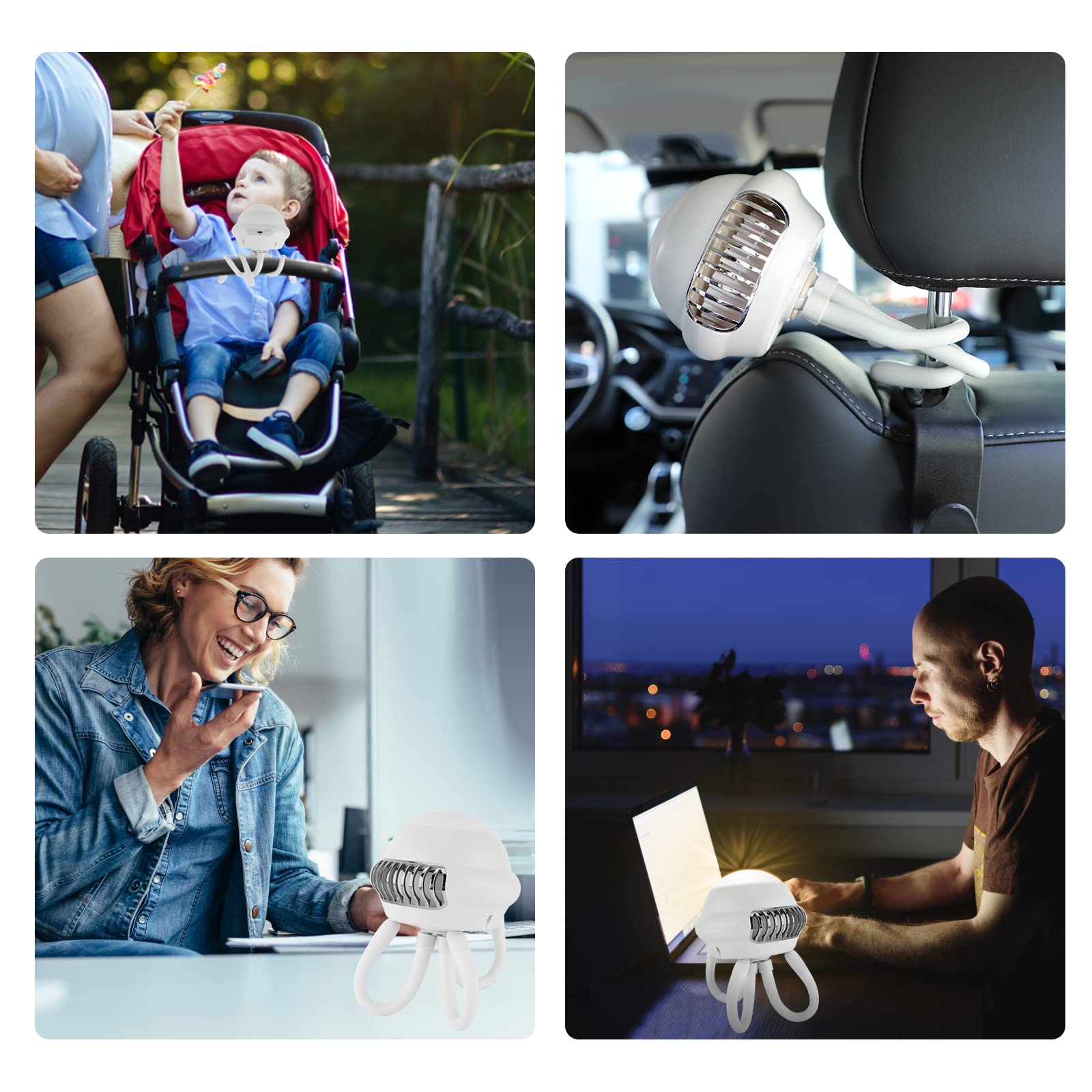 HOMEXUP Portable Fan for Travel-Bladeless Fan with Flexible Tripod, Stepless Dimming Led Night Light Stroller Fan, Noise Reduction Technology Design, Suitable for Strollers, Car Seats, Cribs(white)