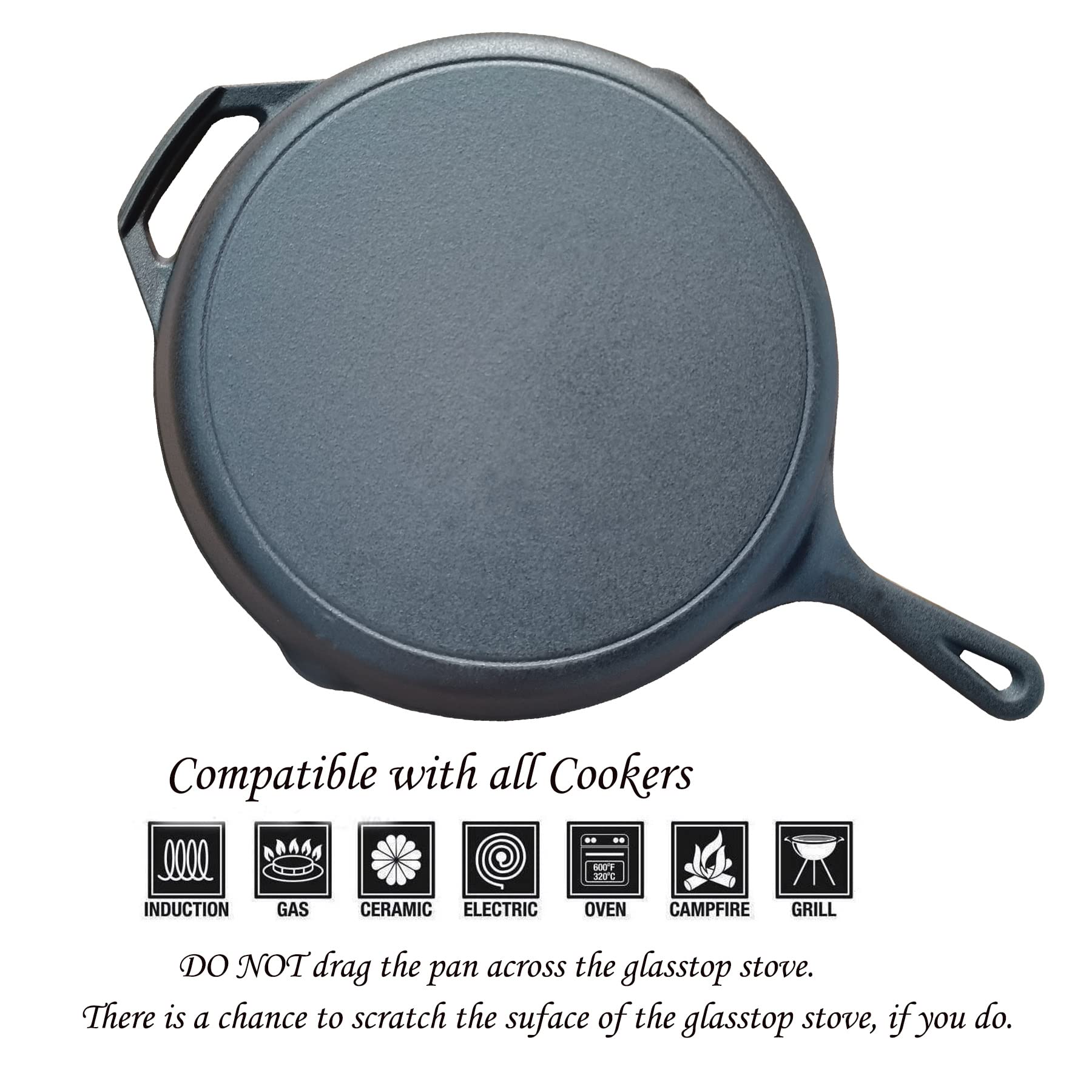 La Cuisine 12 Inch Cast Iron Skillet Frying Pan with Matte Black Enamel Coating Silicone Thermal Resistant Handle Sleeve is included. Ideal for both Indoor and Outdoor, Oven Safe