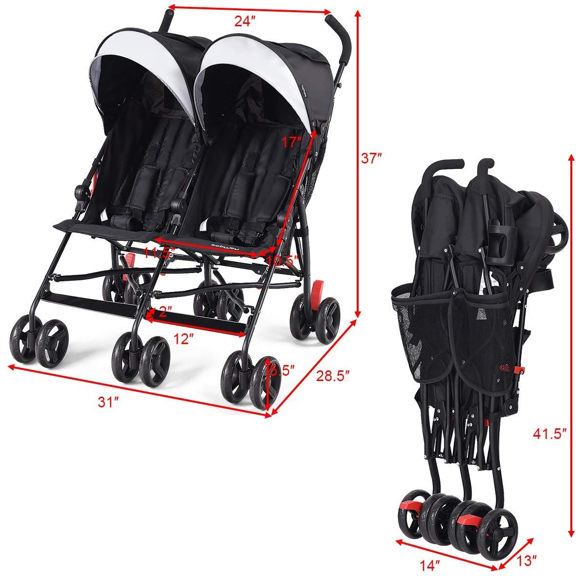 HOMGX Double Stroller, Light-Weight Travel Foldable Design, Twin Umbrella Stroller with 5-Point Harness and Cup Holder, Sun Canopy for Baby, Toddlers (Black), 18 pounds