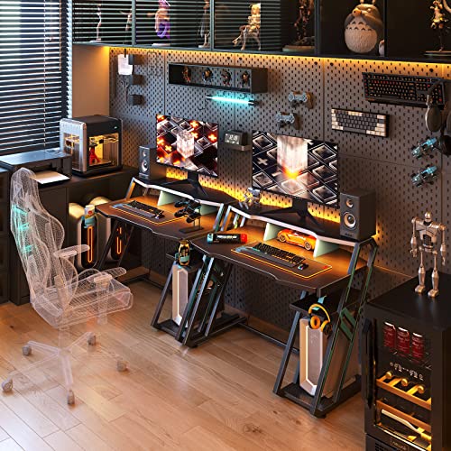 MOTPK Full-Sized Monitor Shelf Gaming Desk with LED Lights 39 Inch, Gaming Table with Storage Shelf, Ergonomic Gamer Desk with Carbon Fiber Texture, Computer Desk with Stable Frame, Black, Gift Idea