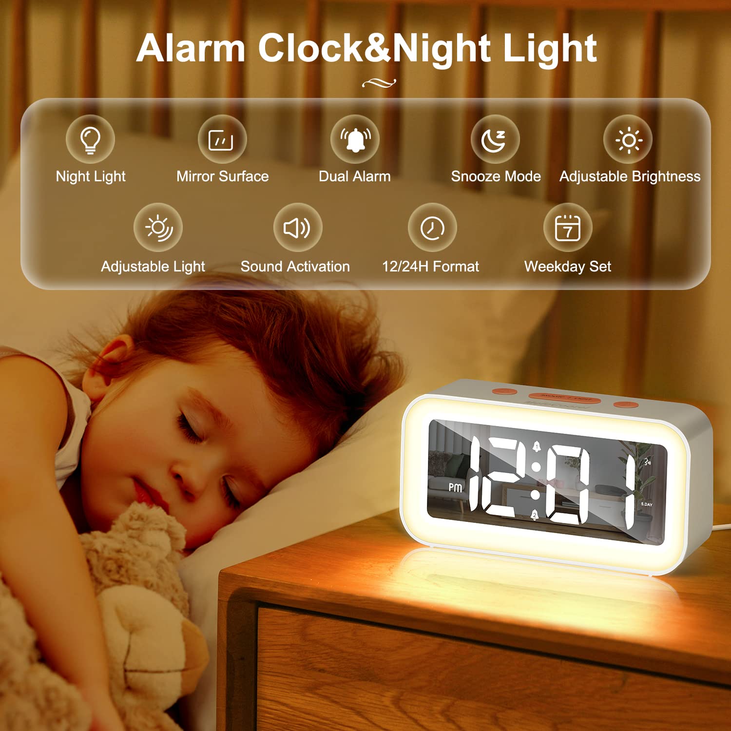 Digital Alarm Clock for Bedrooms, Digital Clock with Night Light 0-100% Adjustable Brightness Mirror LED Sound Activation Power-Off Memory 12/24Hr Snooze USB Port for Kids Bedside Home Office (White)