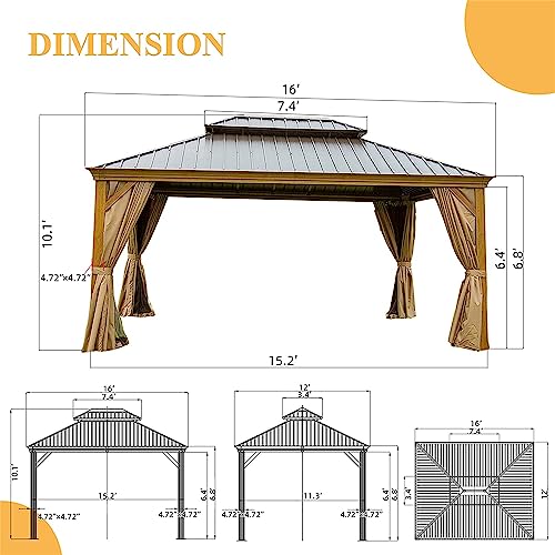 Jaxenor 12'x16' Outdoor Hardtop Gazebo - Aluminum Wood Grain Finish - Galvanized Steel Double Canopy - Ideal for Patios, Decks, and Backyards - Includes Curtains and Netting - Wood-Looking Design