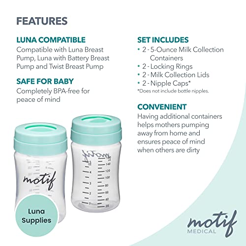 Motif Medical Breast Milk Storage Bottles - Two 160mL Bottles with Sealing Discs - Milk Collection Containers - Compatible with The Luna Breast Pump
