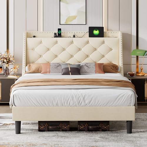 iPormis Queen Bed Frame with Deluxe Wingback & 2 USB Ports, Button Tufted Storage Headboard, Solid Wood Slats Support, No Box Spring Needed, Beige
