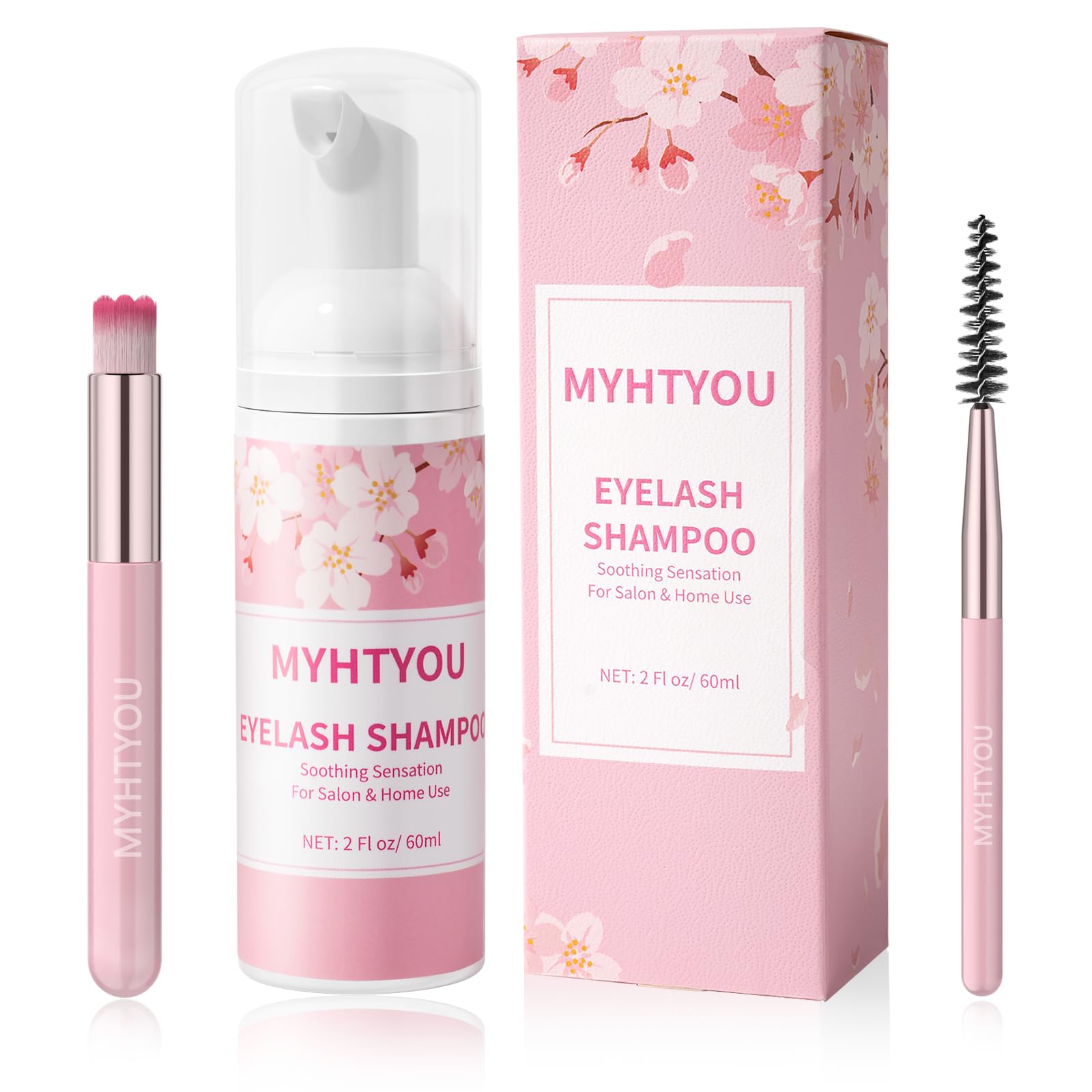 Eyelash Extension Cleanser, Upgraded Eyelash Extension Shampoo 60ML+Mascara Wand+Brush Eyelash Foam Cleanser For Extensions and Natural Lashes,Paraben & Sulfate Free, Salon and Home Use