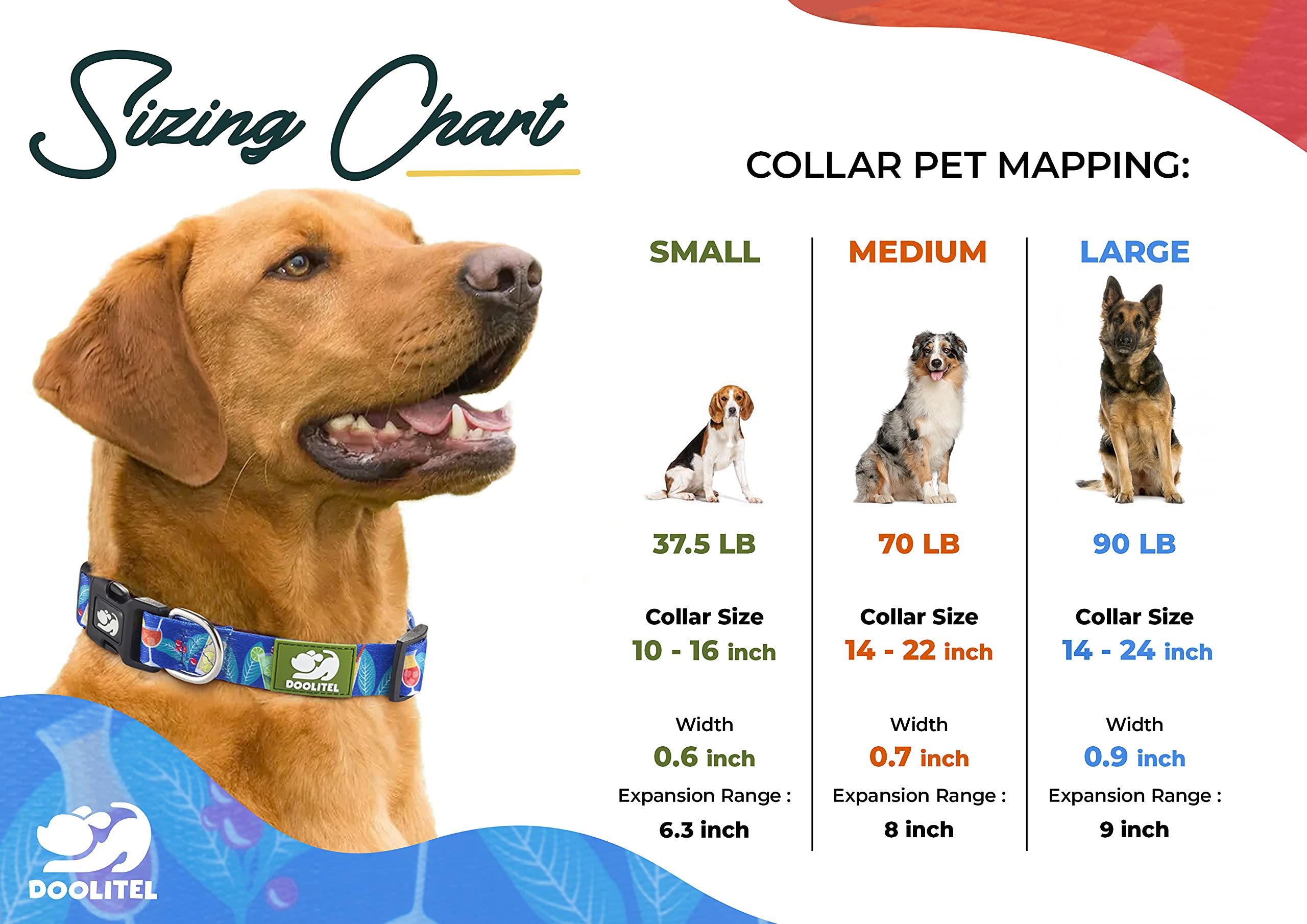DOOLITEL Dog Collar [Oranges], Soft Polyester Material; Detachable, Adjustable Safety Buckle, Silicon Tag, Precise Heavy Duty Stitching, Steel D-Ring; Attach to Dog Leash, Suitable for Medium Dogs