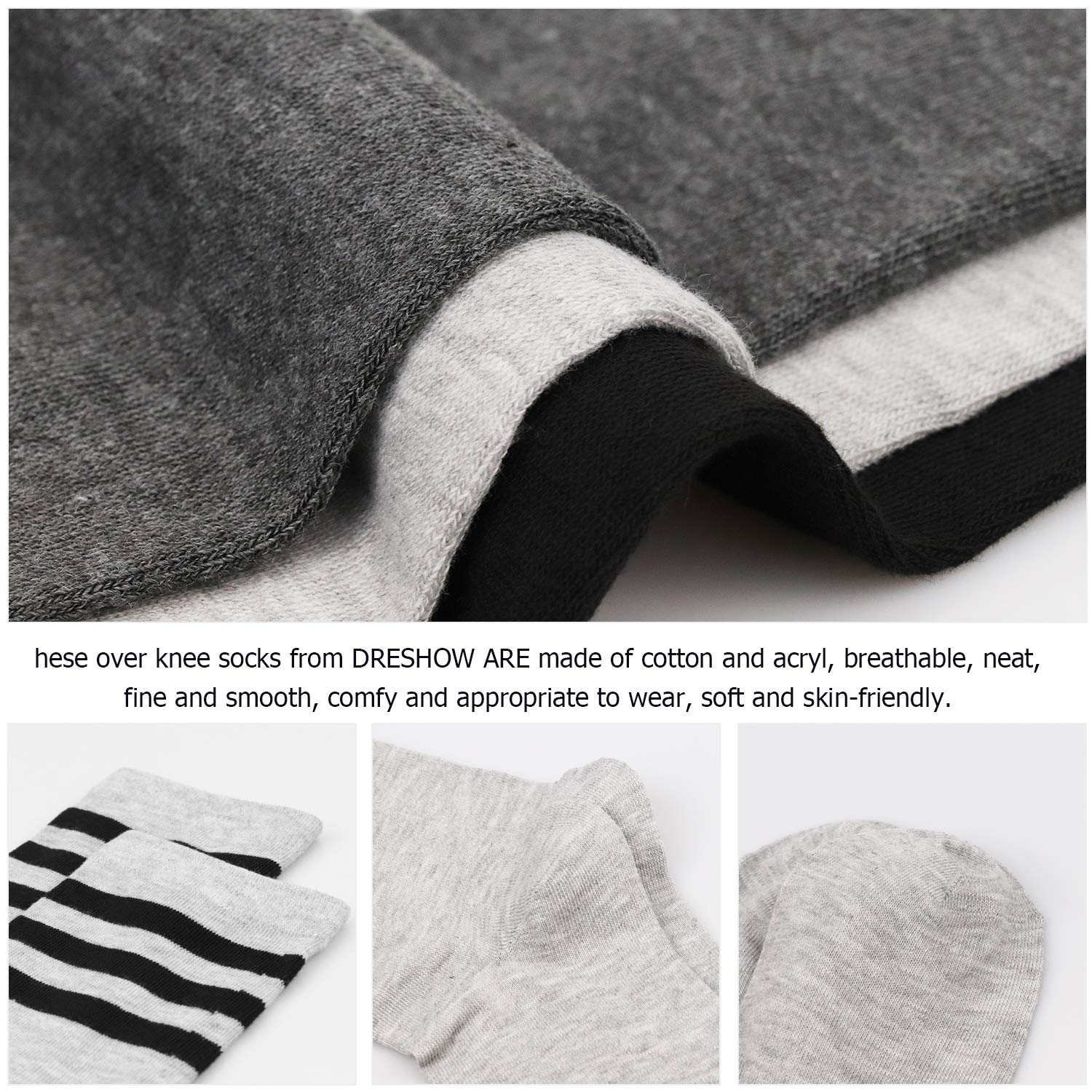 DRESHOW 3 Pairs High Thigh Socks Striped Over Knee Thin Tights Long Stocking Knee High Leg Warmer