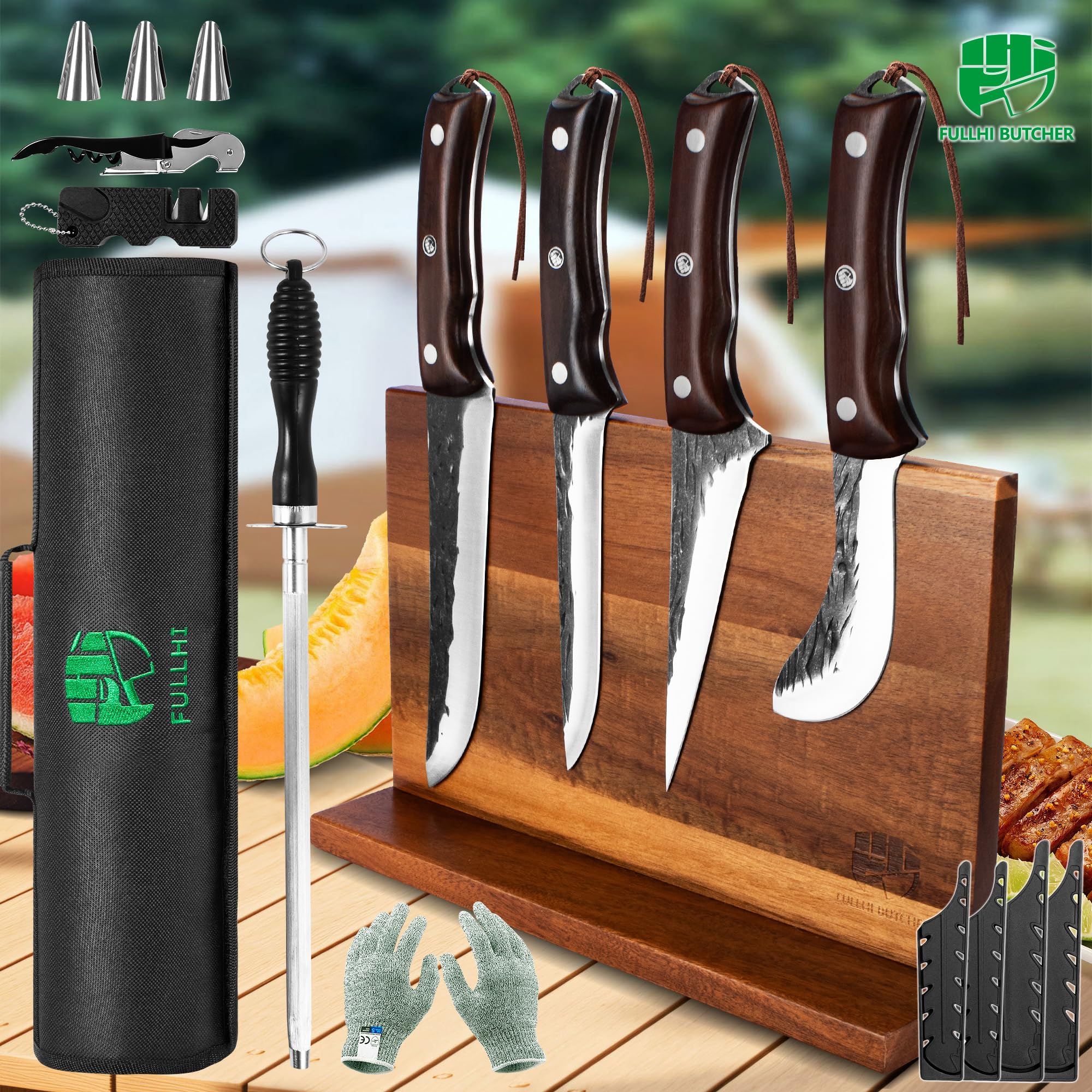 FULLHI 11pcs butcher knife Boning Knife set & Magnetic Knife Block Holder With Sheath High Carbon Steel Fish Knife Chef Knife For Kitchen, Camping, BBQ