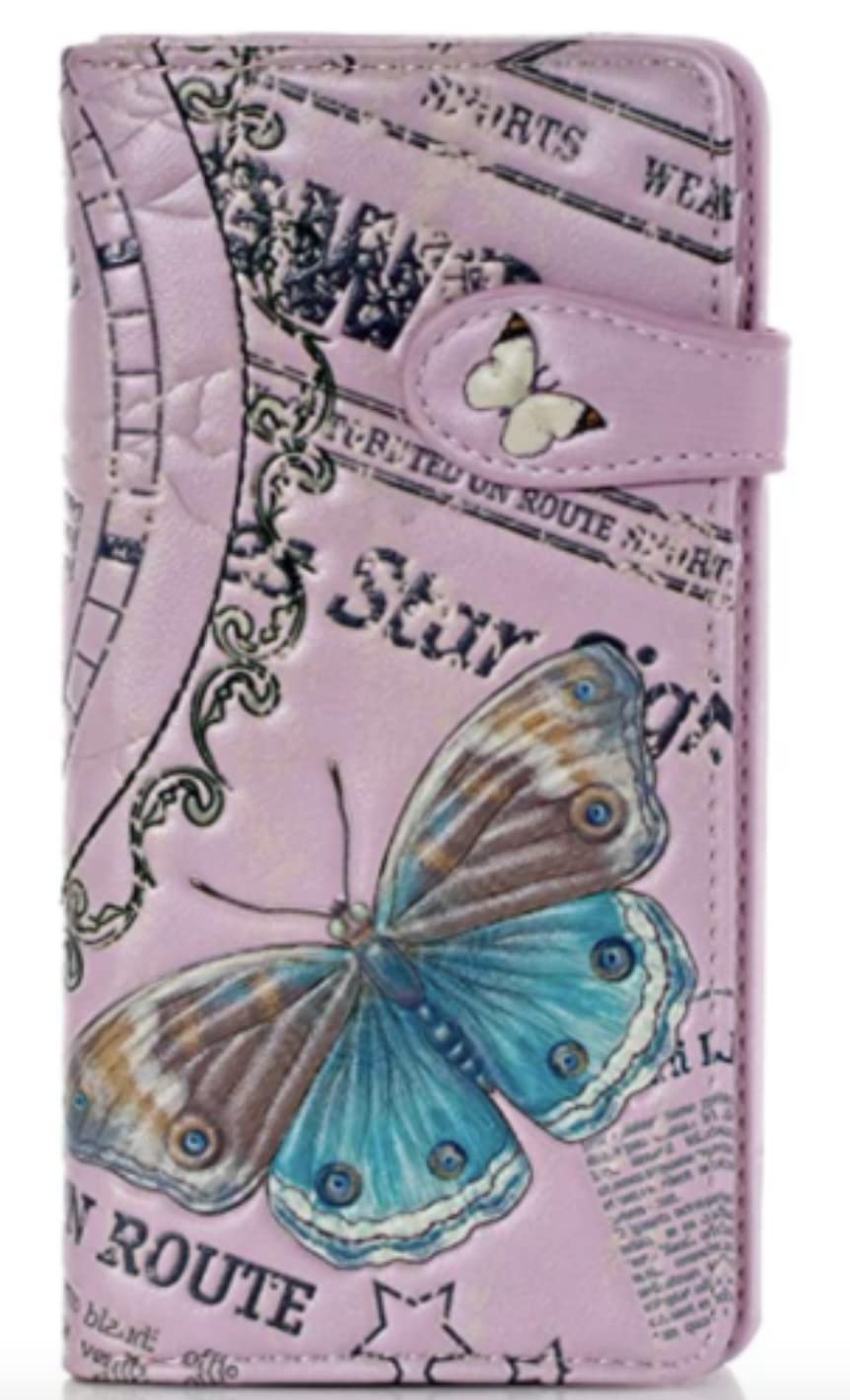Shag Wear Butterflies Vintage Time Piece Large Fashion Wallet for Women and Teen Girls Vegan Faux Leather 7" Pink