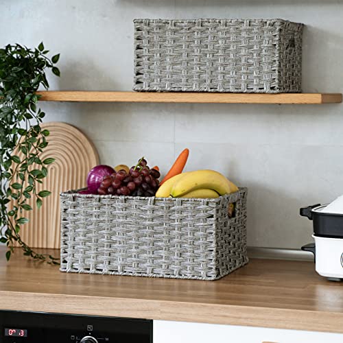 ROSOS Wicker Baskets 2 Pack, Wicker Storage Basket with Handles, Large Wicker Baskets for Storage, Waterproof Wicker Baskets for Organizing, Large Storage Baskets Wicker 15" and Medium 14", Grey