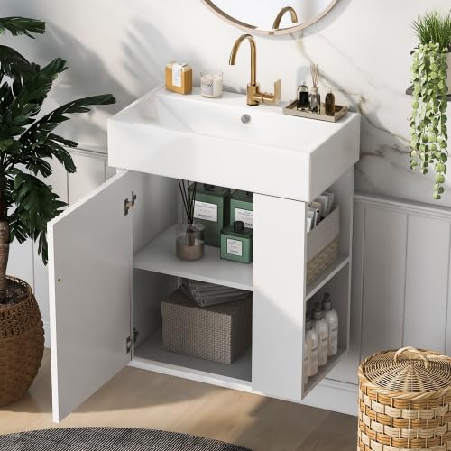 iLintek 21.6 Inch Modern Floating Bathroom Vanity with Ceramic Basin - Perfect for Small Bathrooms, Right Side Storage