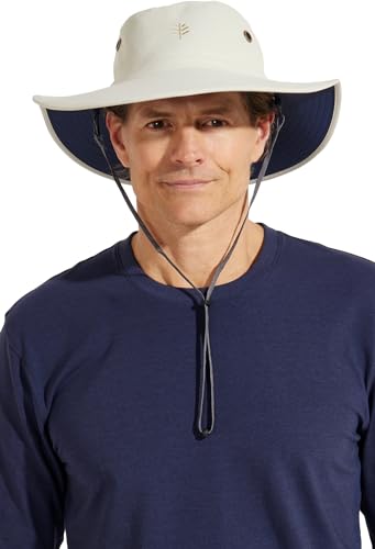 Coolibar UPF 50+ Men's Leo Shapeable Wide Brim Hat - Sun Protective (Large/X-Large- Stone/Navy)