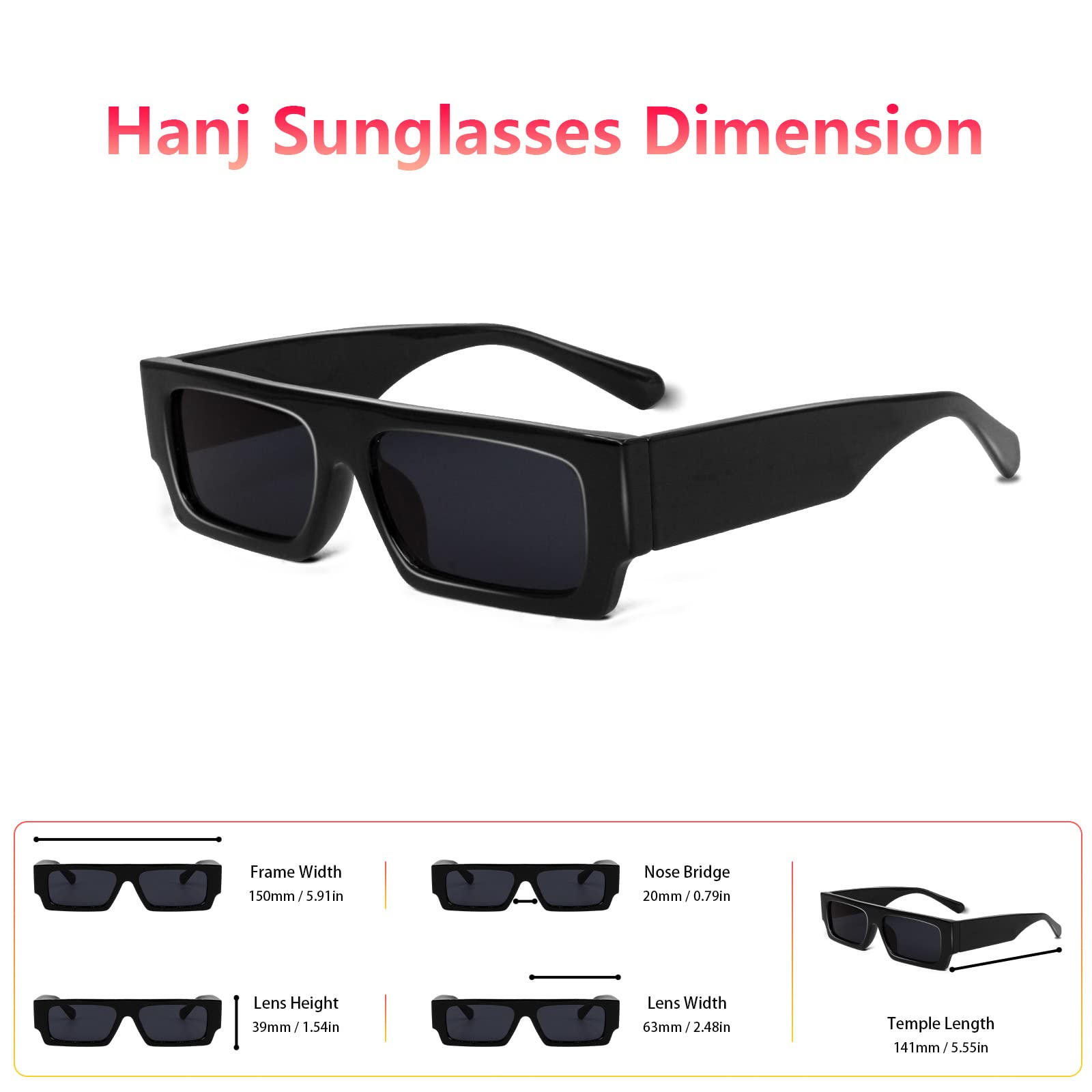 Hanj 90s Small Vintage Narrow Square Sunglasses for Men Women UV400 Trendy Retro Black Glasses Cool Rectangular Shades (Polished Black)