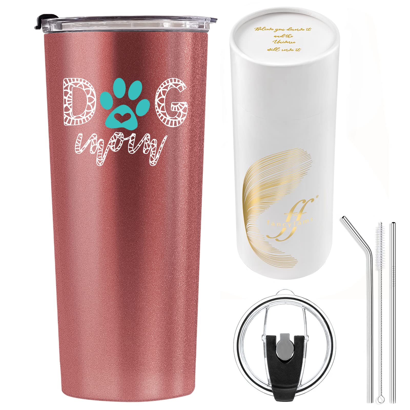 Fancyfams Best Dog Mom Tumbler, 20oz Stainless Steel Thermal Insulated Coffee Mug, Dog Mom Gifts for Women, Dog Mom Cup, Dog Mom Tumbler for Women, (Dog Mom 22oz - Rose Gold)