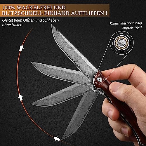 Omesio Damascus Folding Pocket Knife with Leather Sheath, Handcrafted 5-Inch Damascus Steel Hunting Knife with Vg10 Core, Wooden Handle, EDC Japanese Knife with Liner Lock for Outdoor Survival Camping