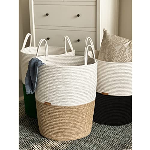 R RUNKA Extra Large Woven basket -16"x 20" Laundry Basket with Handle -Clothes Hamper, Laundry Hamper for Bedroom Living Room,Nursery Decor| Wicker Storage Basket - Off White & Jute