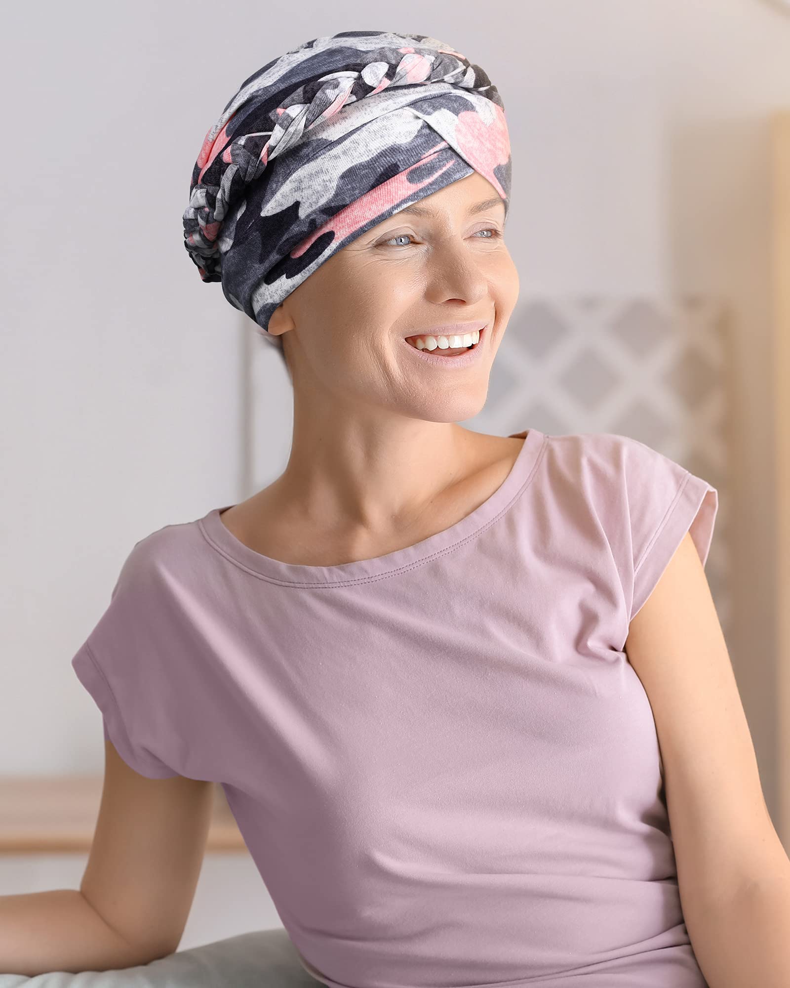 SATINIOR 4 Pieces African Women Turban Cap Head Wraps Beaded Headscarf Beanie Wrap (Camouflage Color,Camouflage Style)
