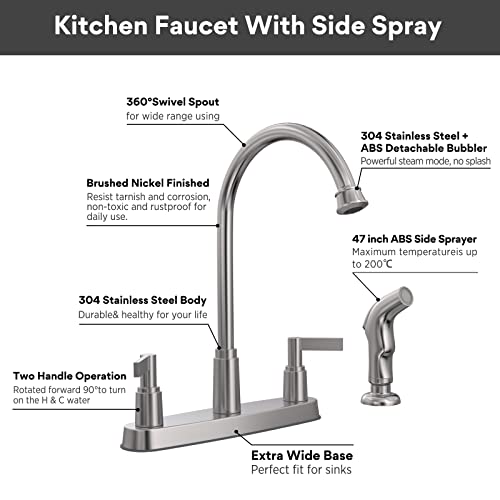 GOWIN Brushed Nickel Kitchen Faucet with Side Sprayer,2 Handle Kitchen Sink Faucet,Kitchen Faucets for Sink 3 Hole or 4 Hole,High Arc Stainless Steel 8 Inch Centerset Kitchen Faucet