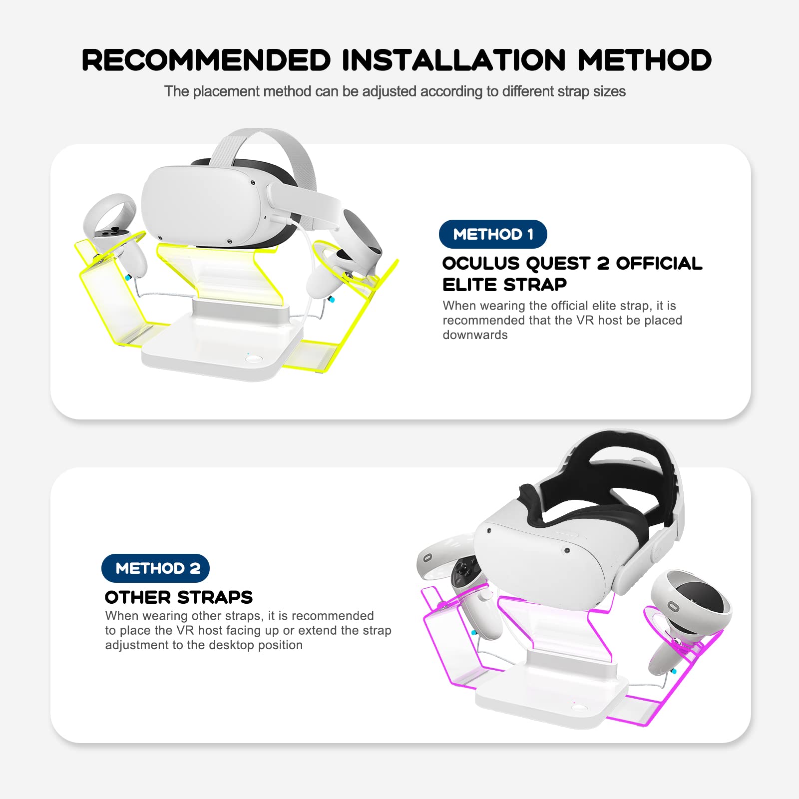 Esimen Charging Station Compatible for Oculus Quest 2 Charging Dock Stand Set LED Light, VR Display Holder and Magnetic Grip Mount with 2 Rechergeable Batteries and USB Cable [Support Head Strap]