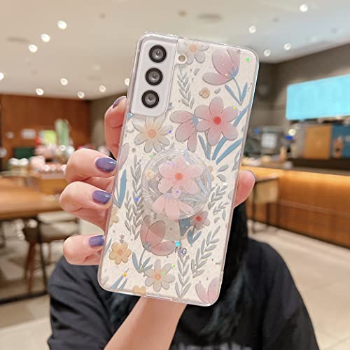 CrazyLemon for Samsung Galaxy Note 20 Case Silicone Clear Floral Design with Stand Ultra Thin Transparent Cute Aesthetic Pink Flowers Pattern Soft TPU Shockproof Protective Phone Case for Women Girls
