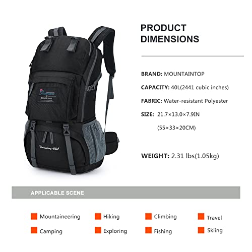 MOUNTAINTOP 40L Hiking Backpack with 3L Hydration Bladder for Women & Men Outdoor Travel Camping Day Pack with Rain Cover, 21.7 x 13 x 7.9 in,Black