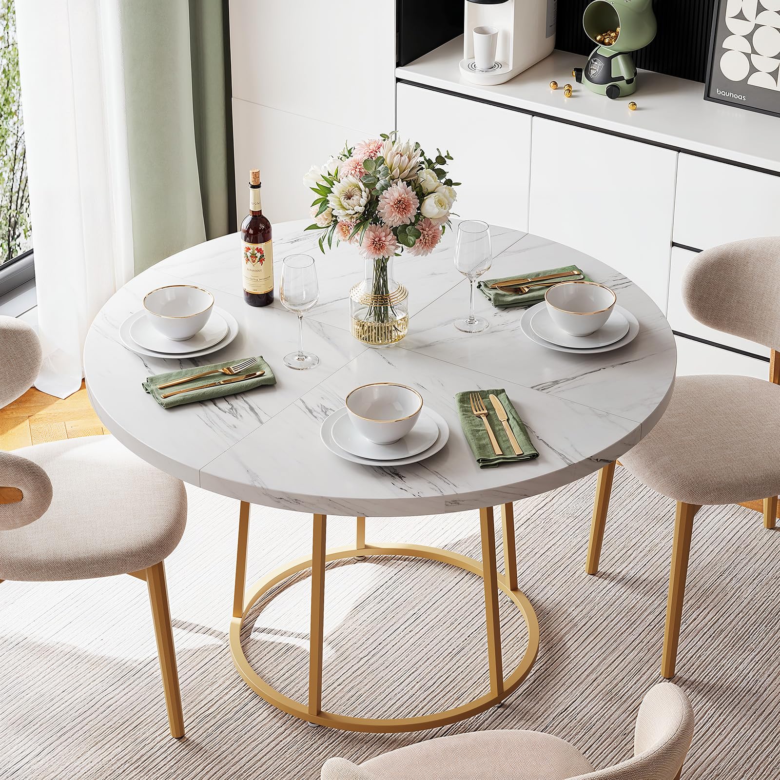 ONBRILL Round Dining Table, 47.24 Inch Kitchen Table for 4-6 People, Wooden Faux Marble Dinner Room Table with Gold Base, Circle Modern Small Table for Home Dining Room Kitchen Restaurant (White)
