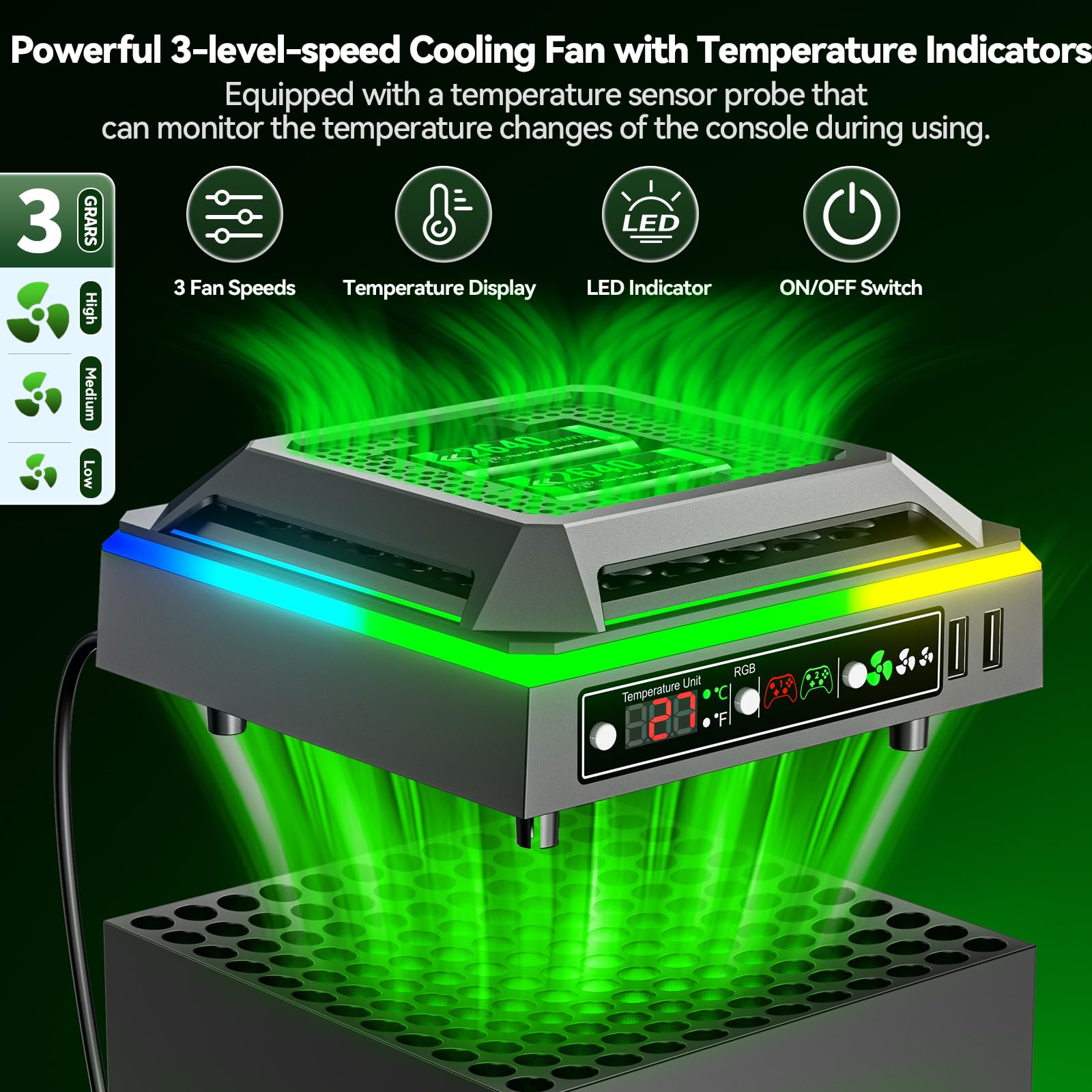 Cooling Fan for Xbox Series X Console with RGB Light, Charger Station with 2 x 2640 mWh Rechargeable Battery Packs for Xbox Series/One-X/S/Elite Controller, Xbox Series X Fan with 3 Gear, TEMP Display
