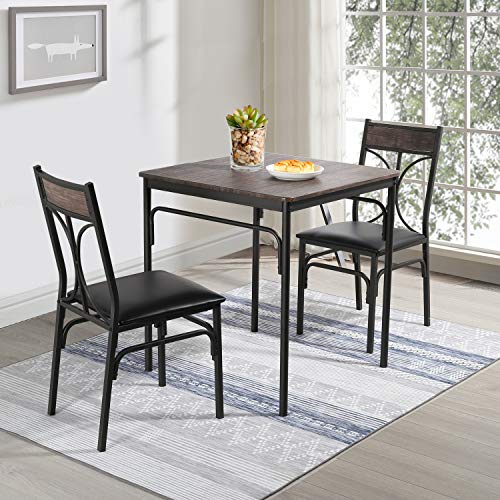 VECELO 3-Piece Kitchen Room Chairs Set for Home, Dinette, Breakfast Nook, Farmhouse, Small Space, Dining Table for 2, Dark Brown