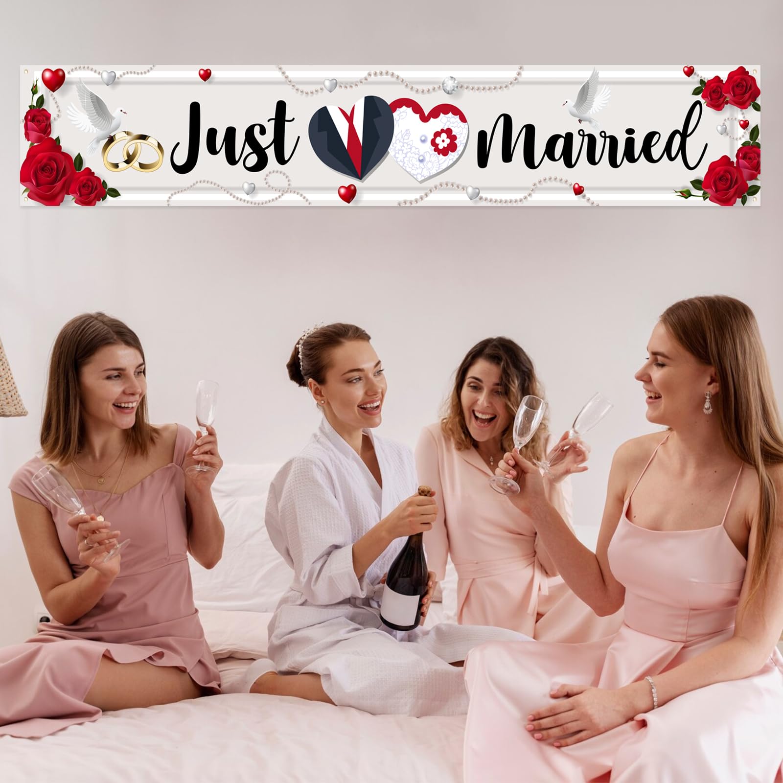 Labakita Large Just Married Banner, Wedding Ceremony Front Yard Banner Sign, Wedding Banner for Outside/Inside, Honeymoon Bridal Shower Wedding Party Decoration Supplies