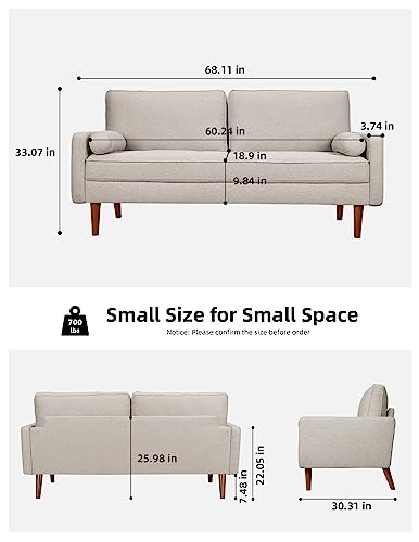 Koorlian Small Sofa Couch, 2 Seater Fabric Loveseat, Mid Century Modern Couches for Living Room, Button Tufted Seat Cushion, Square Armrest, 2 Throw Pillows, Fit for Small Spaces, Dorm, Apart, Beige