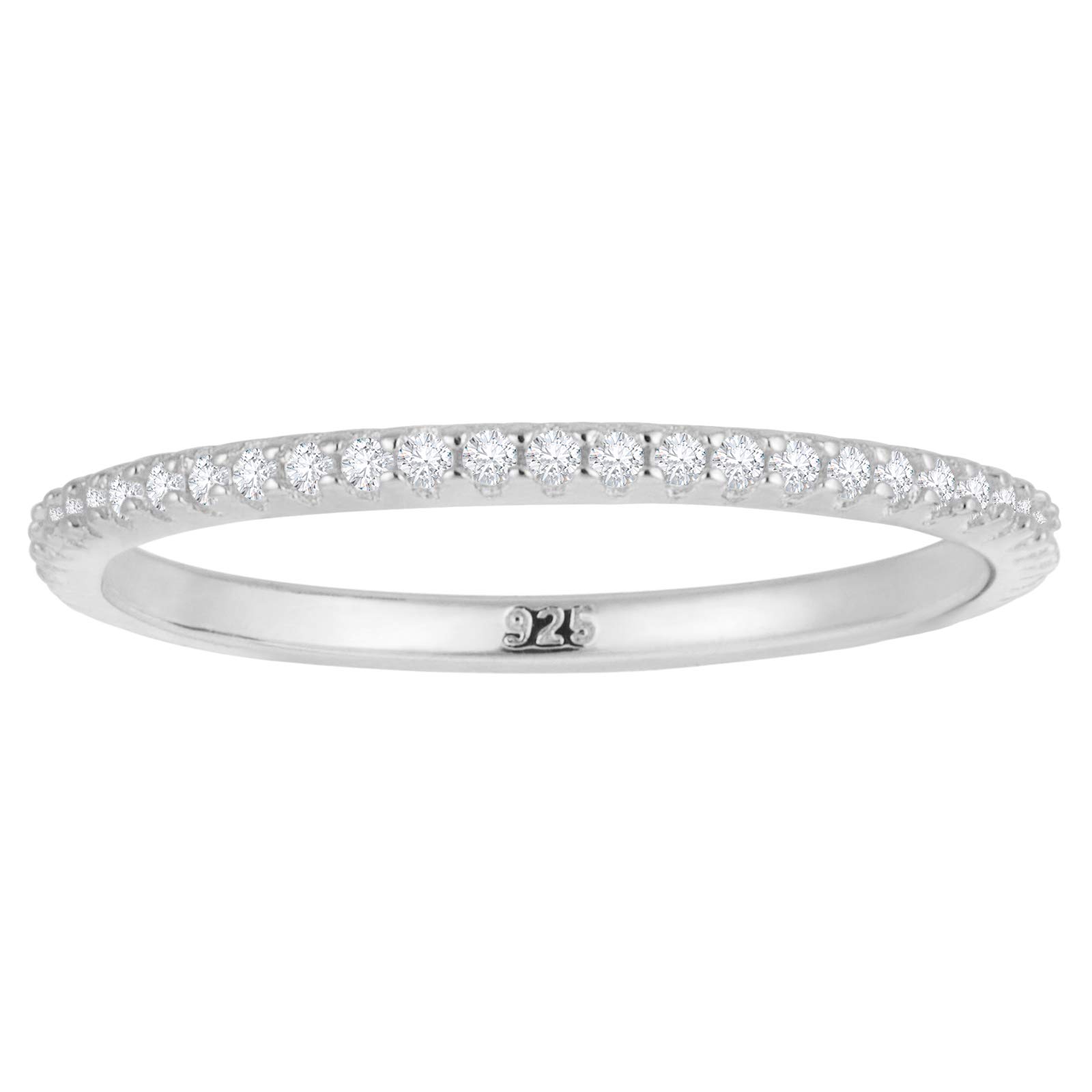 espere 18K Gold Plated Sterling Silver Full Eternity Band | Cubic Zirconia Paved Wedding Band | Thin CZ Stacking Ring (Silver, 9)