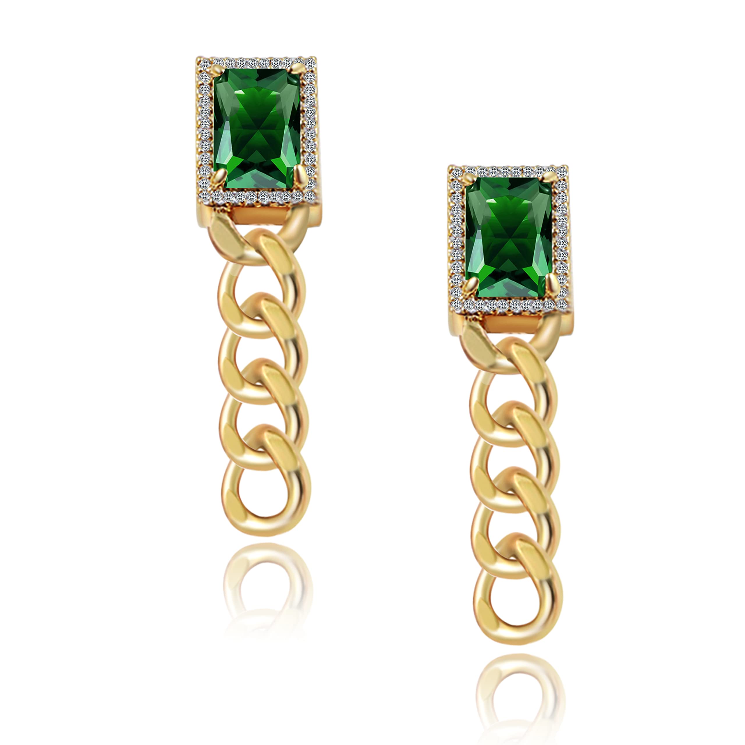 Emerald Green Earrings For Women Gold Dangle Earrings Square Cut Rhinestone Halo Long Link Chain Stud For Girl (GREEN)