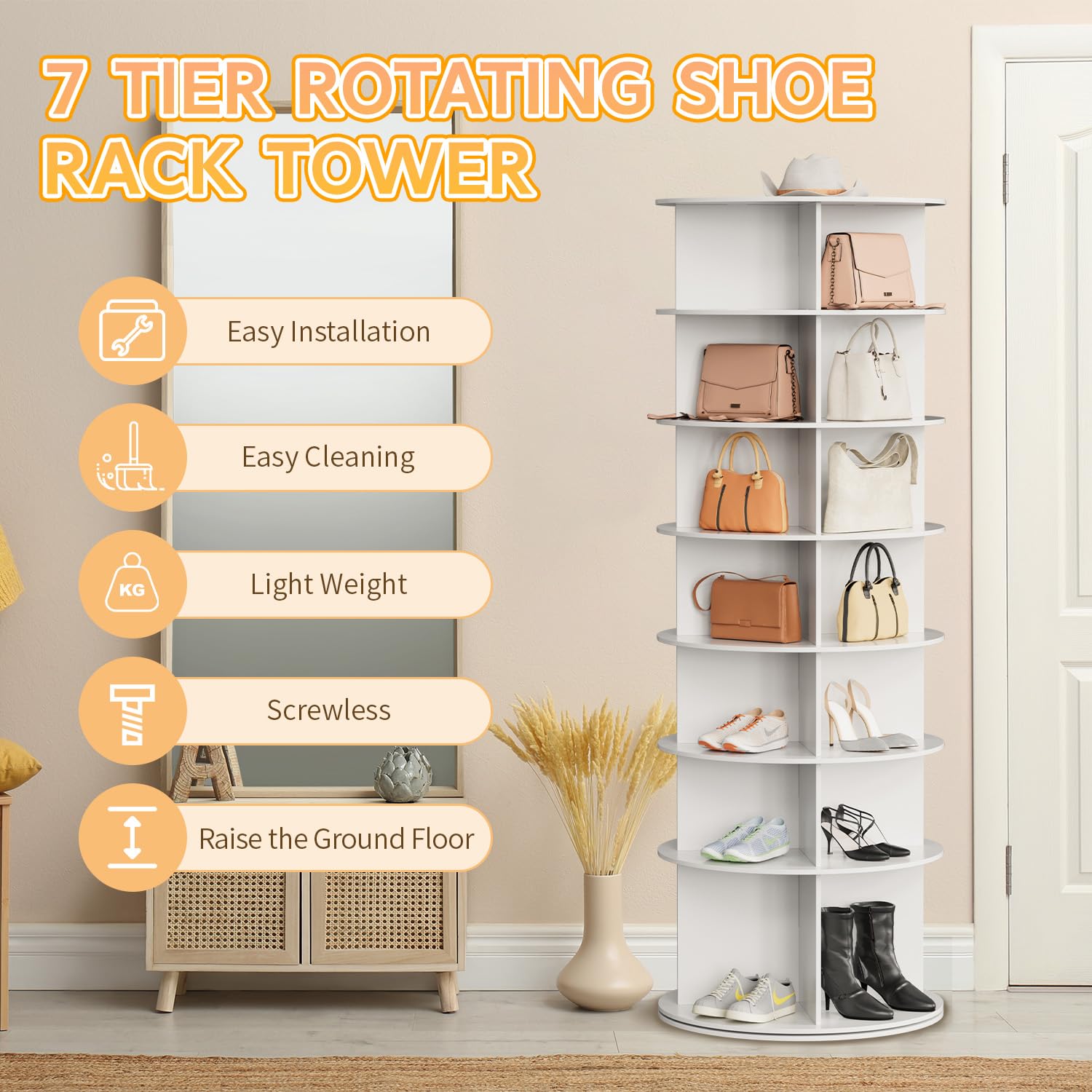 GOOFCXO 7 Tier Rotating Shoe Rack Tower, 360° Revolving Free Standing Shoe Organizer High Bottom Design Shoe Tower Spinning Storage Lazy Susan Multifunctional Rotate Shoes Closet Organization (White)