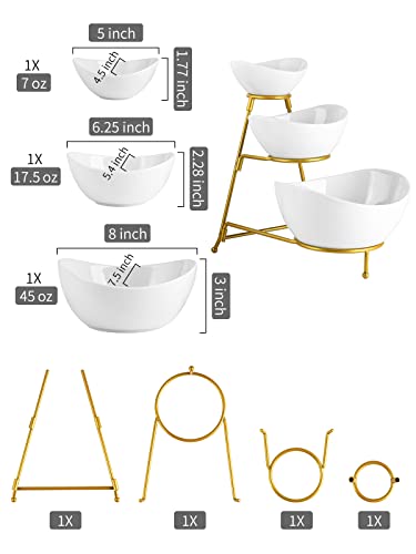 LAUCHUH 3 Tier Serving Stand Chip and Dip Serving Set Pocerlain Oval Bowl Set with Stand White Serving Bowl for Entertaining Tiered Tray Decor for Countertop