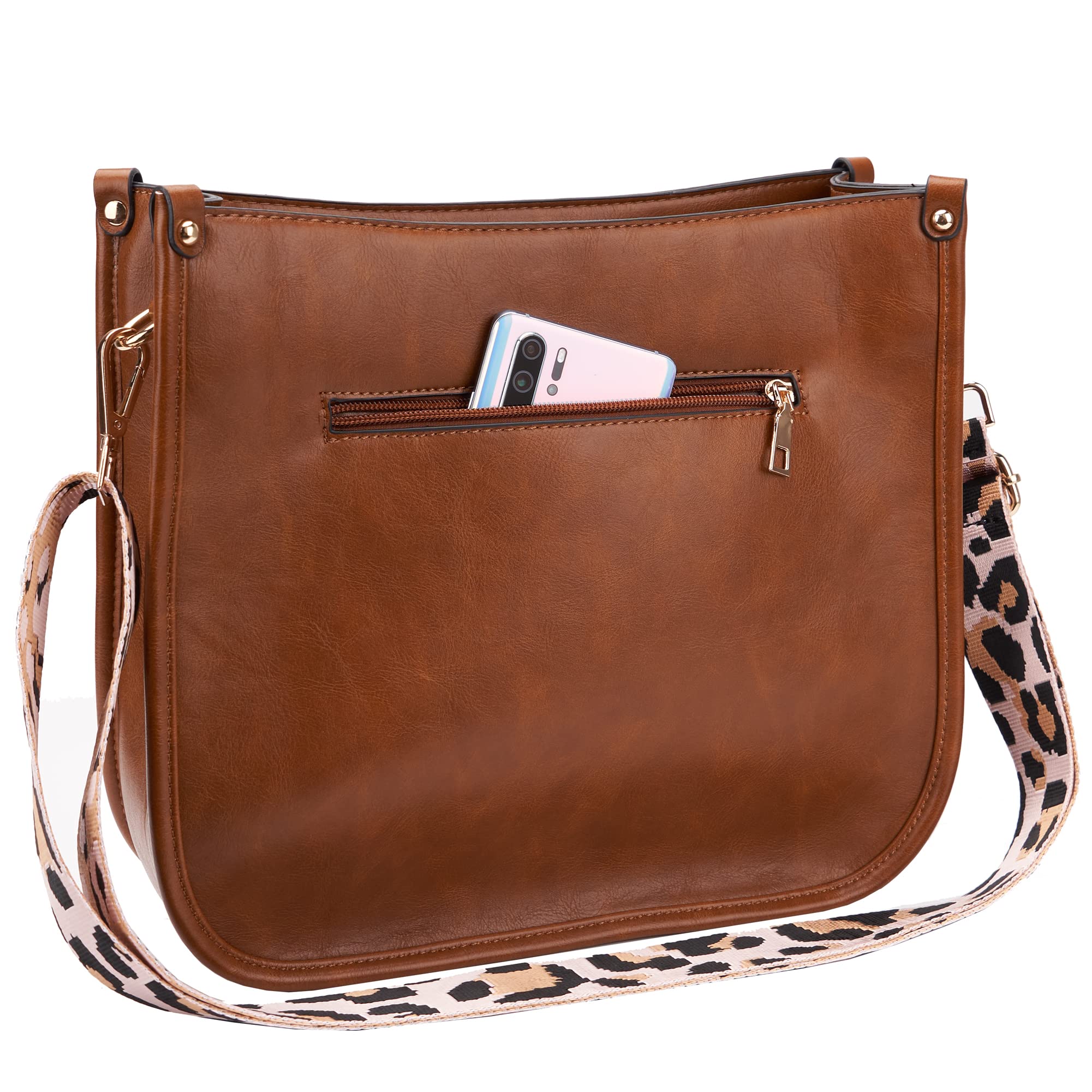 Erihop Vegan Leather Crossbody Bags for Women, Top Zipper Closure Cross Body Purses with Interchangeable Leopard Strap, Brown