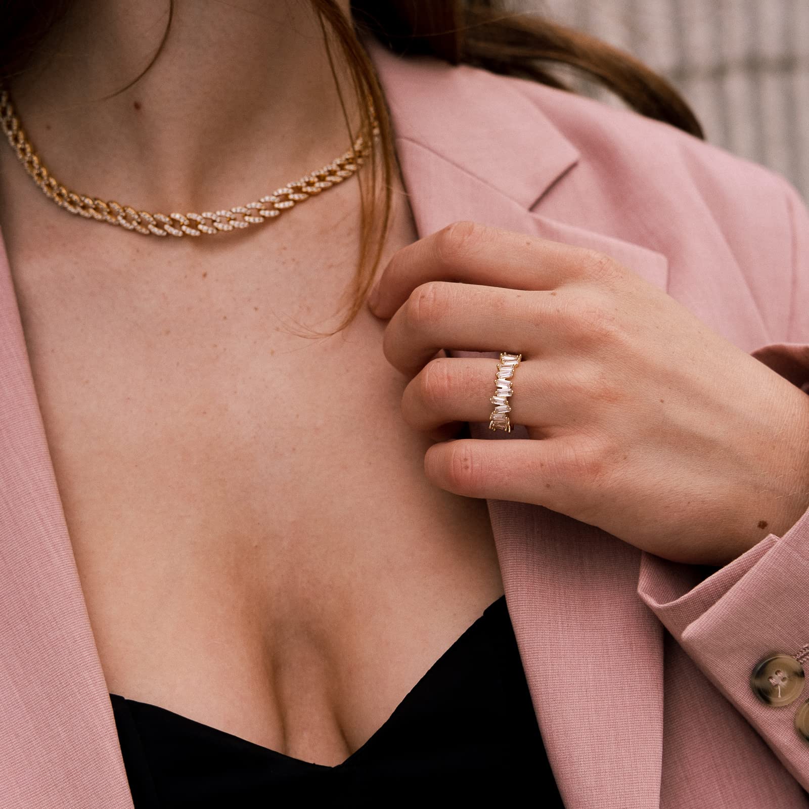 espere CZ Baguette Zig Zag Ring | 18K Gold Plated Baguette Cluster Eternity Stacking Band (4)