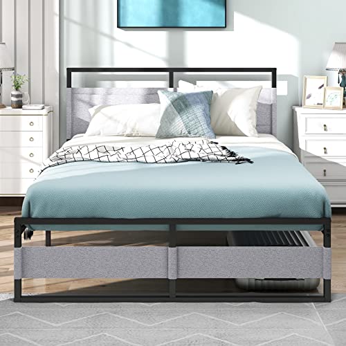 LIFERECORD Queen Metal Platform Bed Frame with Headboard and Pocket, Heavy Duty Steel Slat Bed No Box Spring Needed Noise Free Modern