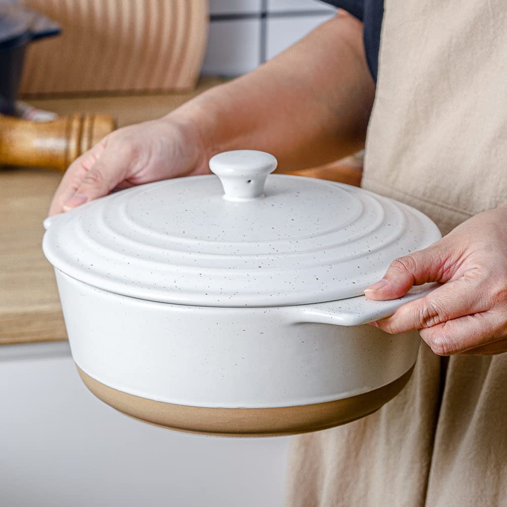 HVH Ceramic Casserole Dish with Lid Oven Safe, 2 Quart Round Casserole Dish Set, 9 Inches Round Baking Dish with Lid Oven Safe, Deep Baking Dishes for Oven with Lids for Party, Farmhouse Style (White)