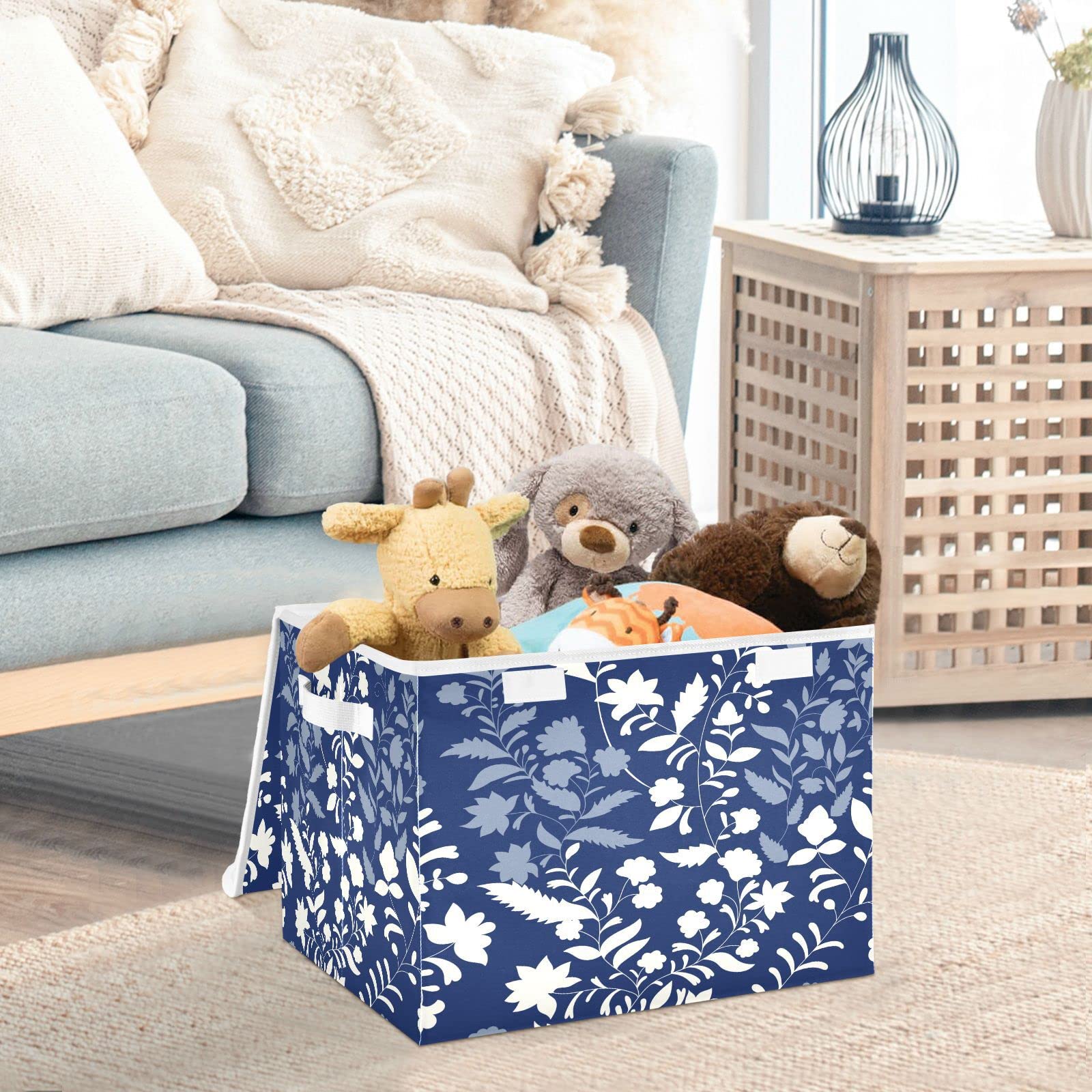 Flradish Blue and White Flowers Collapsible Storage Box with Lid Closet Organizer with Handle Washable Stackable