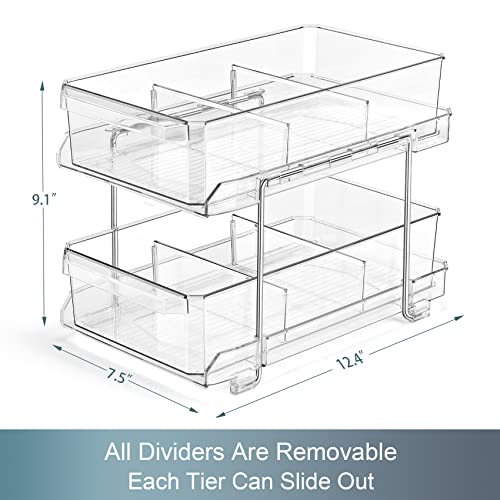 LANDNEOO 2 SET, 2 Tier Clear Organizer with Dividers & 2 Set, 2 Tier Pull-Out Under Sink Organizer and Storage with Dividers